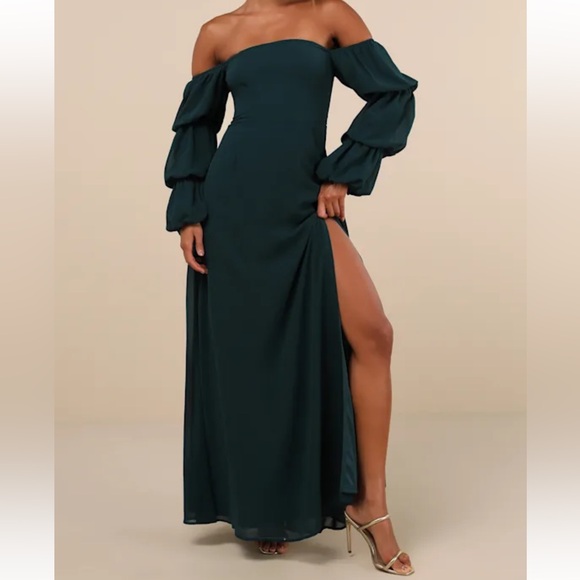 Lulus | Dresses | Lulus Demure Aura Emerald Tiered Balloon Sleeve ...